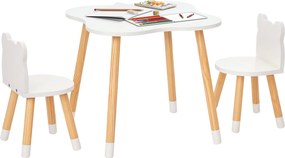 Sada stolu a 2 židlí HOMCOM pro děti - Dřevěný nábytek do dětského pokoje a herny 56x56x50 cm a židle 28x25x46 cm Přírodní a bílá | Aosom