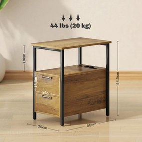 HOMCOM Odkládací stolek, noční stolek s 2 zásuvkami, USB port, 1 port typu C, kabel 143 cm, zásuvky a polička, přírodní dřevo