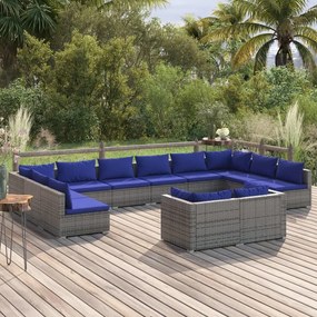 vidaXL 12dílná zahradní sedací souprava s poduškami polyratan [3102092] Barva: Šedá a tmavě modrá