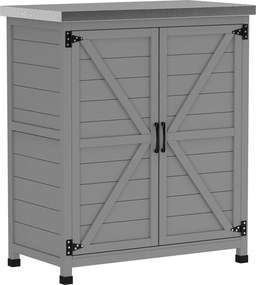 Gartenschrank, Außenschrank mit Arbeitsfläche, Werkzeugschrank, Massivholz, Stahl, 79B x 43T x 92H cm, Grau