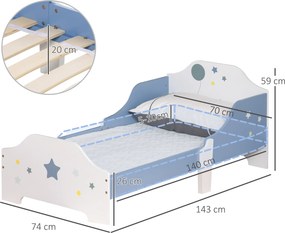 Dětská postel HOMCOM, nízká postel pro děti od 3 do 6 let, 143 x 74 cm, design hvězdy, včetně latě, do dětského pokoje, modro-bílá
