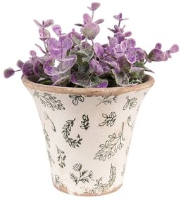Béžový antik keramický obal na květináč se zelenými květy M - Ø 14*13 cm