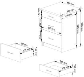 Spodní kuchyňská skříňka s deskou OLIWIA S60 3SZ bílá / metalická, lesk