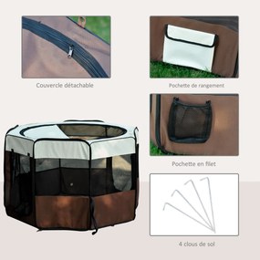 PawHut Skládací osmiúhelníkový výběh pro kočky a malé zvířata z oxfordské látky a oceli - rozměry Ø 117 x 76H cm - béžovo-hnědý