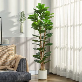 HOMCOM umělý fíkovník (Fiddle Leaf Fig), 180 cm, 91 listů, kmen z masivního dřeva, v květináči — realistická plastová rostlina do obýváku, ložnice, k…