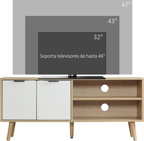 HOMCOM Moderní televizní stolek s 2 dvířky a 2 policemi pro televize do 116 cm pro ložnici 110x39x48,8 cm Přírodní a bílý