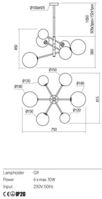Redo 01-2780 - Lustr na lanku ROY 6xG9/10W/230V