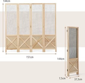 Costway Skládací zástěna dělicí příčka 4dílná příčka dřevěný rám – 151 × 144 cm
