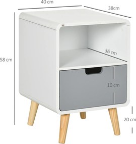 Noční stolek HOMCOM Noční stolek se zásuvkou a otevřenou přihrádkou, bílá barva 40x38x58cm do ložnice a obývacího pokoje | Aosom.de
