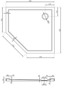 Mexen Flow Slim, pravostranná pětiúhelníková sprchová vanička 90 x 80 cm, bílá lesklá, 46P108090R