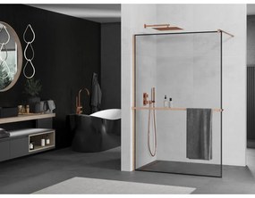Mexen Kioto+, sprchová zástěna Walk-In s poličkou a věšákem 140 x 200 cm, 8mm čiré sklo černý vzor, ​​měděný matný profil, 800-140-121-65-70