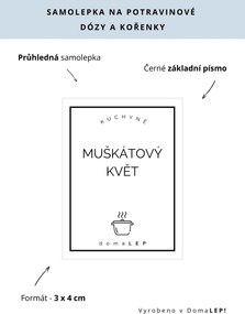 Samolepka na kořenky MUŠKÁTOVÝ KVĚT průhledná 3 × 4 cm základní písmo