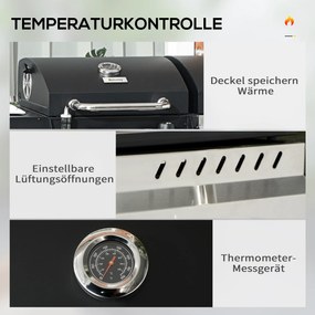 Outsunny plynový grilovací vozík 2+1 hořák s teploměrem 3kW BBQ gril na dřevěné uhlí s odkládací plochou Boční odkládací plocha Háček pro kempování Č…