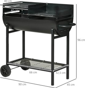 Outsunny Gril na dřevěné uhlí s nastavitelnou výškou pro venkovní přenosný gril s odkládací policí a koly 90x45x96 cm černý
