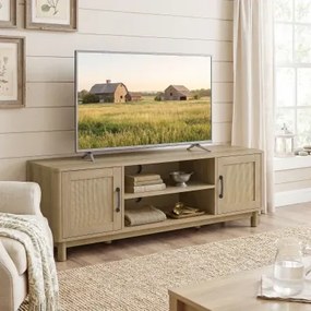 HOMCOM TV nábytek 135 cm, TV nábytek pro televize až do 165,1 cm s 2 ratanovými dveřmi, 2 otevřenými přihrádkami, dub