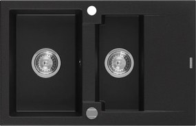 Mexen Gaspar granitový dřez 1,5komorový s odkapávačem 737 x 475 mm, černý, sifon chrom - 6507731505-77