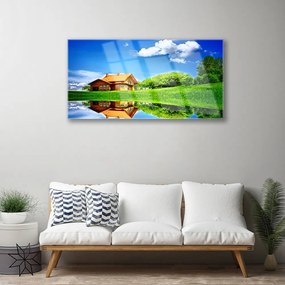 Obraz na skle Dům Jezero Tráva Příroda 125x50 cm