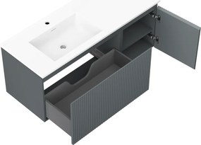Mexen Rivel, koupelnová skříňka 120 cm s levým umyvadlem Otis, 1S, 1D, drážkovaná, grafitová matná/bílá matná, 91A23-12047-3-BBFF66-W18L01