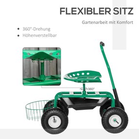 Zahradní vozík Outsunny, dílenský vozík, zahradní sedačka s otočným sedadlem, úložný koš, výškově nastavitelný, nosnost 150 kg, zelený, 81 x 44,5 x 4…