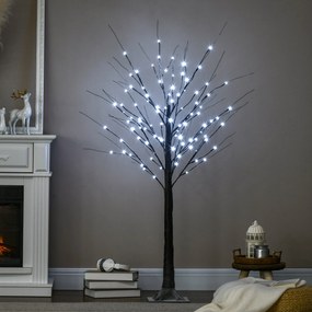 HOMCOM 150 cm umělý březový stromek s 96 LED světly a umělým sněhem pro vánoční výzdobu a oslavy, ideální na večírky, svatby