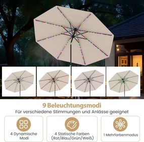 Costway Slunečník 300 cm se solárním LED osvětlením 9 režimy osvětlení s klikou
