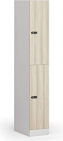 Šatní skříňka S1 s úložnými boxy, 2 boxy, 1850 x 300 x 500 mm, mechanický kódový zámek, laminované dveře, dub přírodní