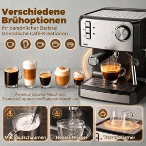HOMCOM Espresso stroj, 20-bar kávovar s tryskou na našlehání mléka, 1,6 l nádrž na vodu, černý