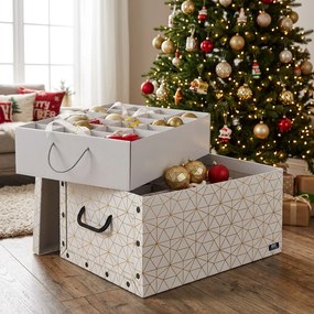 Domo Living Vánoční úložný box na baňky, vánoční ozdoby DOMO s přepážkami, bílá a zlatá, 39 x 50 x 24 cm