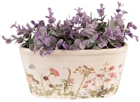 Béžový keramický oválný obal na květináč s kytičkami a motýly Flowers of Love – 23x10x11 cm