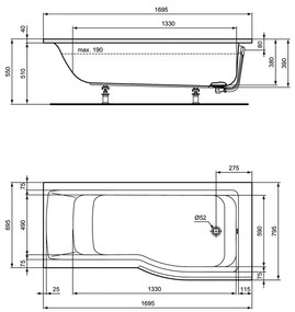 Ideal Standard Connect Air - Vana se zónou pro sprchování (pravá) 1695 x 795 mm, Bílá, E113501