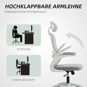 HOMCOM Ergonomická kancelářská židle s opěrkou zad z síťoviny, výškově nastavitelná, sklápěcí loketní opěrky, 5 koleček, houpací funkce, šedá