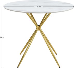 Jídelní stůl, bílý mramor/gold chrom zlatá, průměr 90 cm, MEKNER
