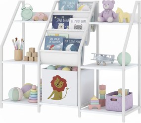AIYAPLAY Montessori knihovna pro děti 3-8 let se 3 látkovými přihrádkami, dřevěnými vložkami a zásuvkou, bílá