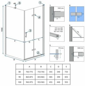 Obdélníkový sprchový kout REA MOLIER 90/dveřex80/zástěna cm, chrom/transparent - bez vaničky