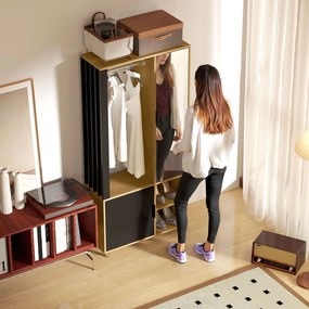 HOMCOM Moderní šatní skříň s zrcadlem, otevřené přihrádky, šatní tyč, 80 x 30 x 170 cm, Přirozené dřevo