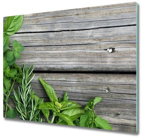 Skleněná krájecí deska Dřevěné pozadí byliny