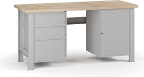 Dílenský pracovní stůl G7, buková spárovka, 1700 x 685 x 840 mm, 1x skříňka, 3 zásuvky, šedá