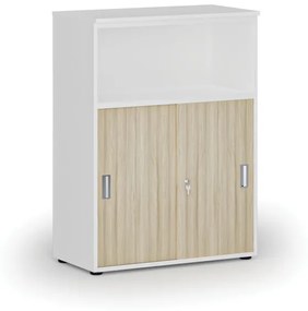 Kombinovaná kancelářská skříň se zásuvnými dveřmi PRIMO WHITE, 1087 x 800 x 420 mm, bílá/dub přírodní