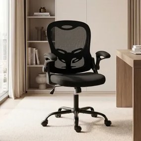 HOMCOM ergonomická kancelářská židle, síťová kancelářská židle, sklápěcí područky, výškově nastavitelná, houpací funkce, černá