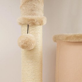 PawHut Kočičí škrabadlo výška 132 cm, kočičí věž s plošinami, sloupkem, kartáčem, závěsnými míčky a škrabacím polštářem béžová
