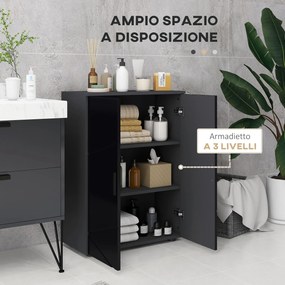 Kleankin Úsporný dřevěný koupelnový skříň s 2 dveřmi a tichým zavíráním, 60x30x82cm, Černý