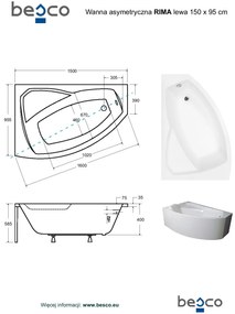 BESCO Asymetrická vana RIMA Nožičky k vaně - S nožičkami, Rozměr vany - 150 × 95 cm, Způsob provedení - Levé - VANRIM150L+OLVPINOZ