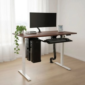 Výškově nastavitelný stůl OfficeTech A, 140 x 80 cm, bílá podnož, ořech