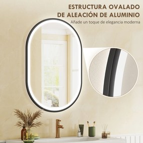 HOMCOM zrcadlo do koupelny se světlem 60x90 cm oválné nástěnné zrcadlo 3 barvy světla stmívatelné protimlhové černé