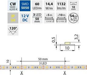 LED pásek McLED 12V studená bílá š=10mm IP54 14,4W/m 60LED/m SMD5050 ML-121.606.60.0
