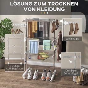 HOMCOM Mobilní sušák na prádlo na koně skládací 3 úrovně s kolečky 80-142 x 55 x 152 cm, ideální pro sušení s úsporou místa | Aosom.de