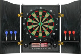 SPORTNOW Elektronický terč E Dartboard s dveřmi vzhled dřeva, LED displej, hlasové hlášení, 6 šipek, 24 náhradních hrotů