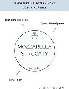 Samolepka na kořenky MOZZARELLA S RAJČATY průhledná 5 cm základní písmo