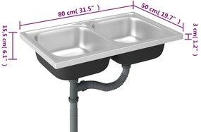 vidaXL Marketos Kuchyňský dvojitý dřez stříbrný 800x500x155 mm nerezová ocel