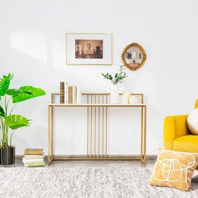 Costway Moderní stolek do předsíně 120 cm s mramorovým vzhledem a zlatým kovovým